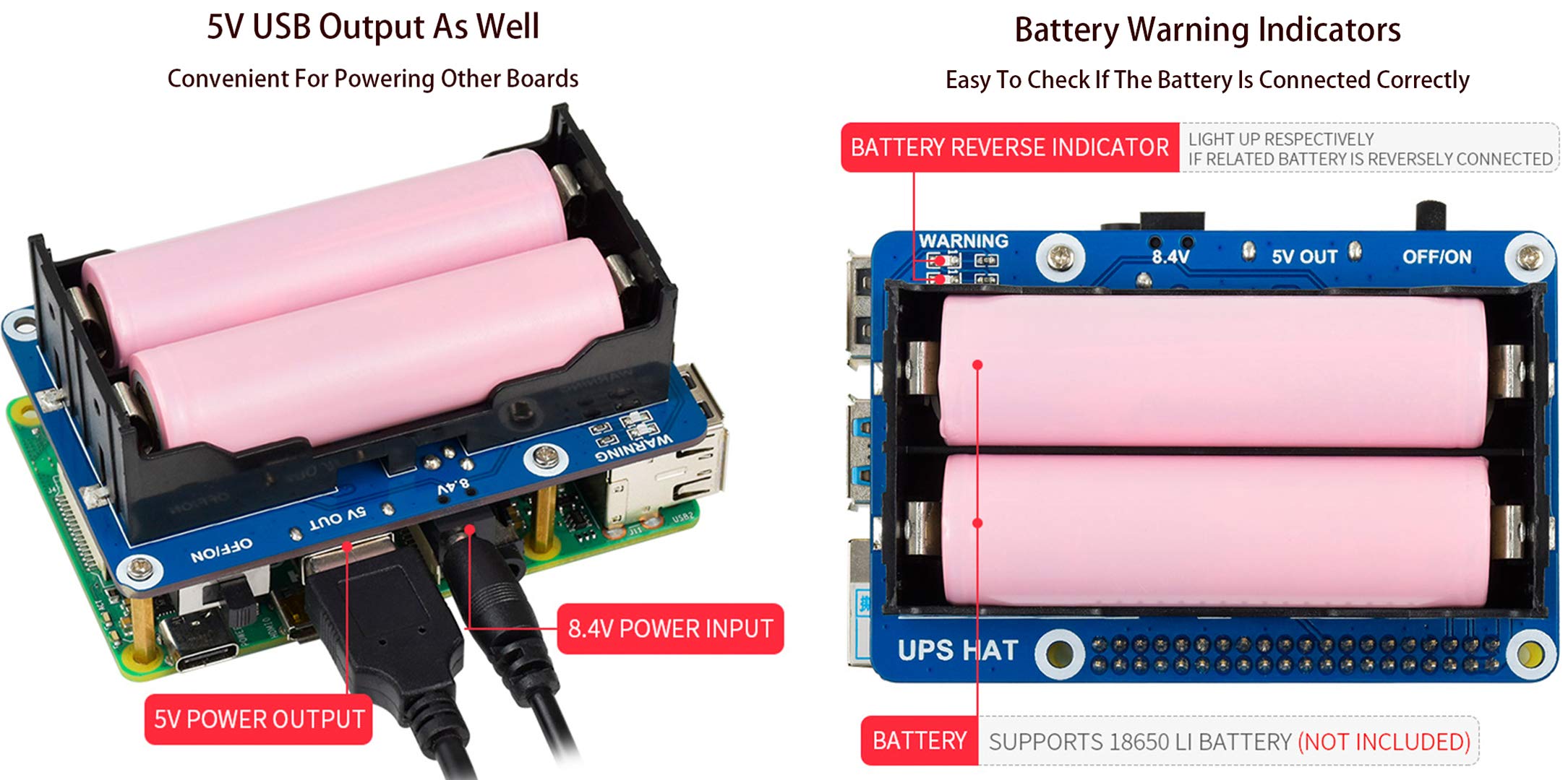Uninterruptible Power Supply UPS HAT for Raspberry Pi Series Boards(Raspberry Pi 4 Model B/3B+/3B) Charge and Power Output at The Same Time,Multi Battery Protection Circuits