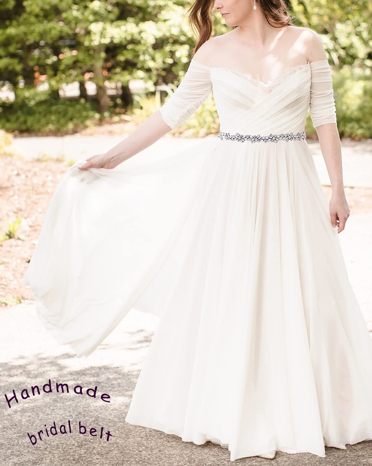 WEZTEZ Crystal Bridal Belt Handmade Wedding Sash with Rhinestones Pearls Belt for Bridal Gowns (Silver-Organza White)