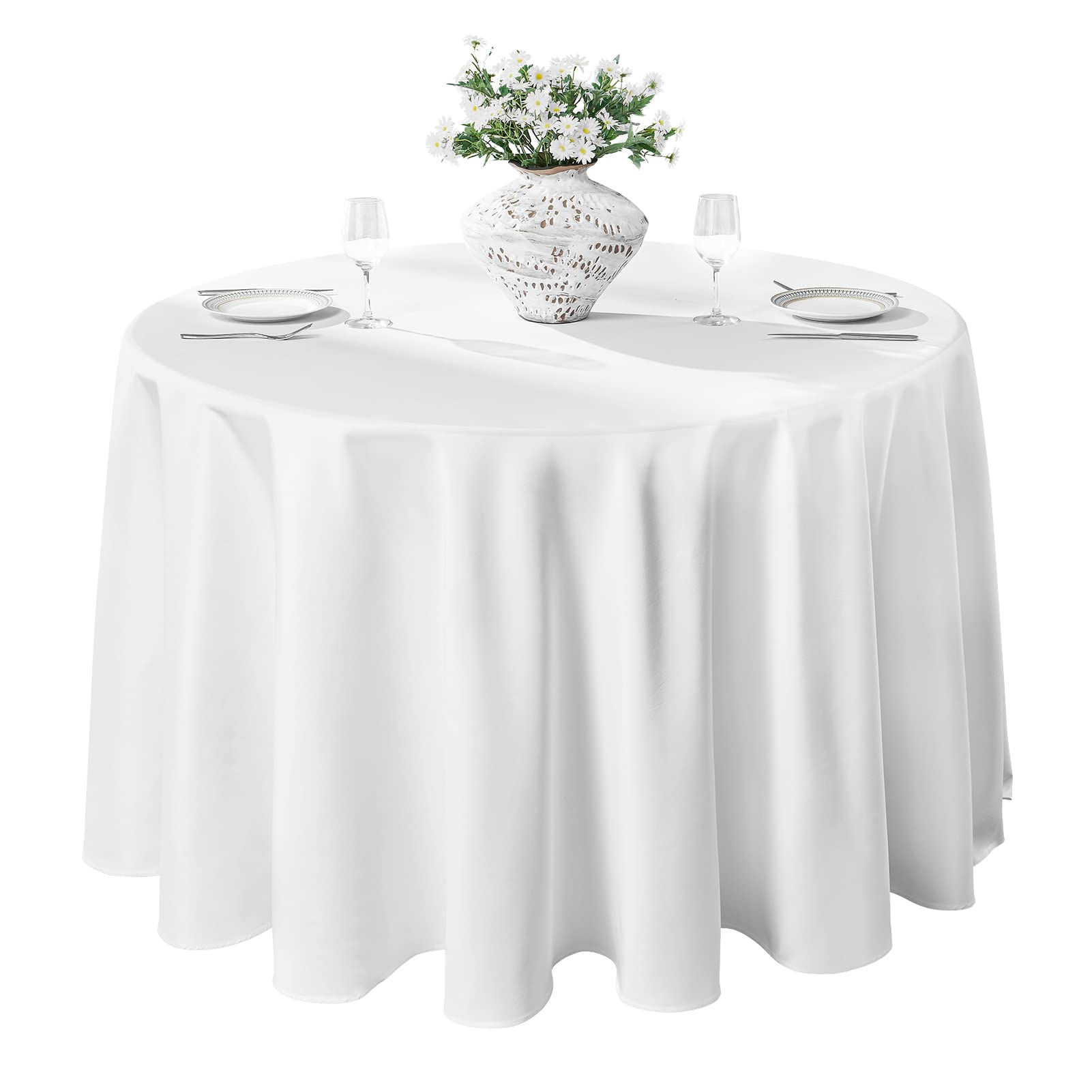 VidaFete 120inch Round Tablecloth Polyester Table Cloth,Stain Resistant and Wrinkle Polyester Dining Table Cover for Kitchen Dinning Party Wedding Rectangular Tabletop Buffet Decoration(White)