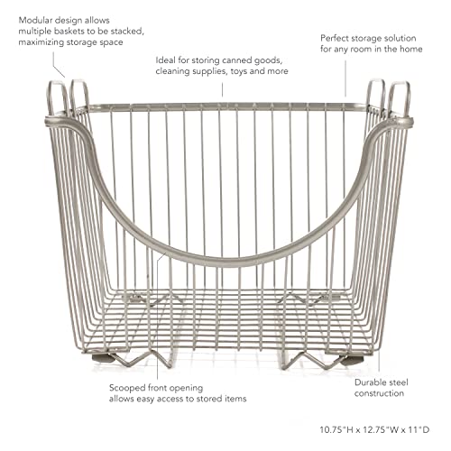Spectrum Diversified Ashley Stackable Wire Basket with Raised Feet and Looped Handles Modular Stacking Bin System for Kitchen Countertop & Desk Organization, Large, Satin Nickel