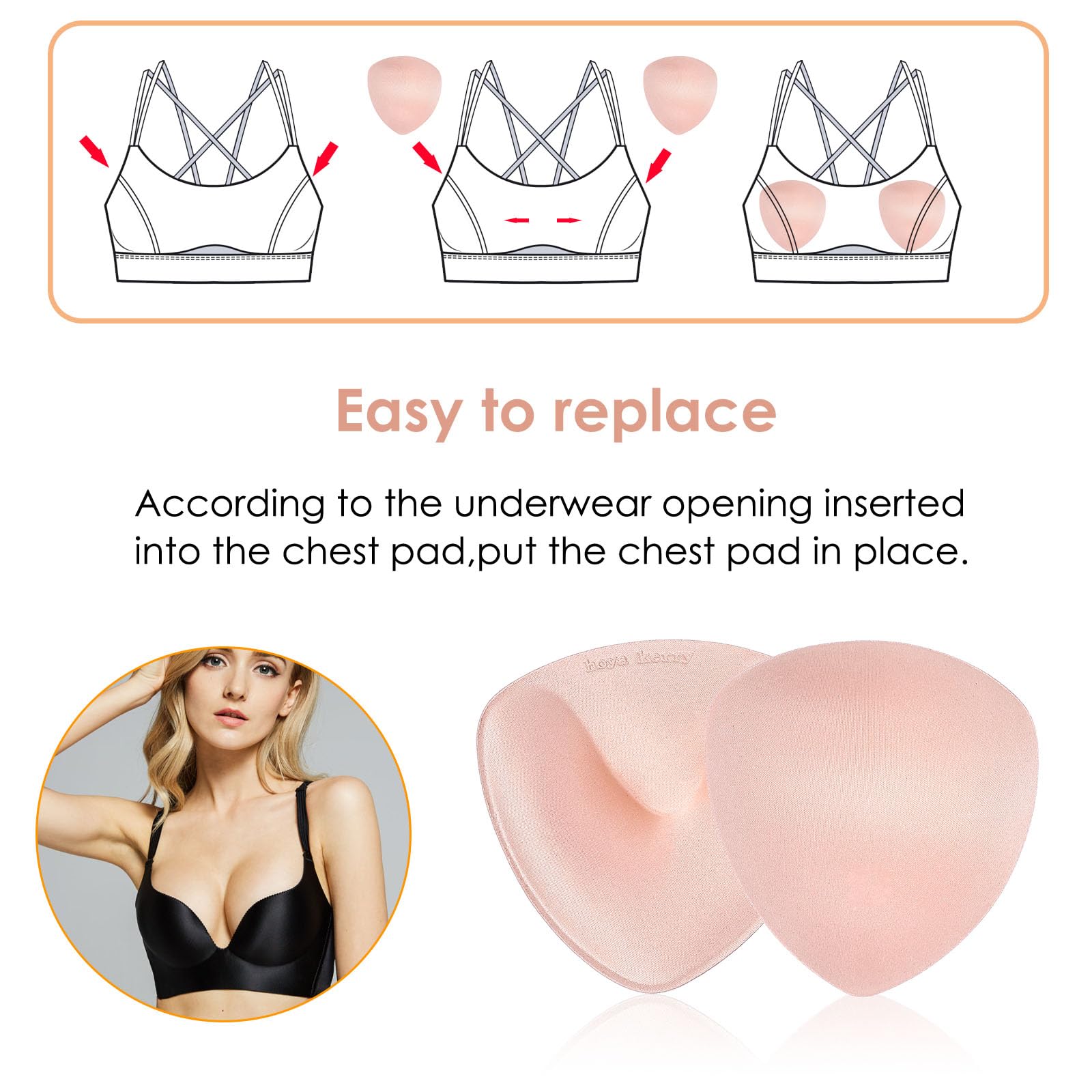 WLLHYF Bra Pad Inserts 2 Pairs Breathable Sewn Triangle Padded Skin Color Removable Breast Padding Soft Breast Padding for Women Girls Bra Any Cup Cover