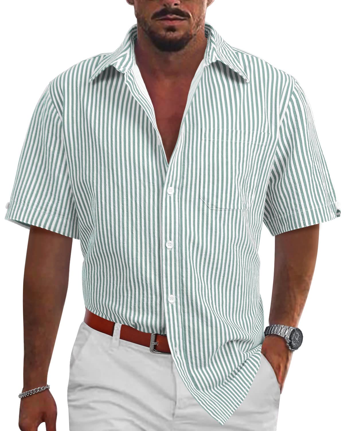 TUREFACE Green Shirt for Men Casual Button Down Short Sleeve Stripes Banded Collar Summer Shirt Lightweight Relaxed Fit