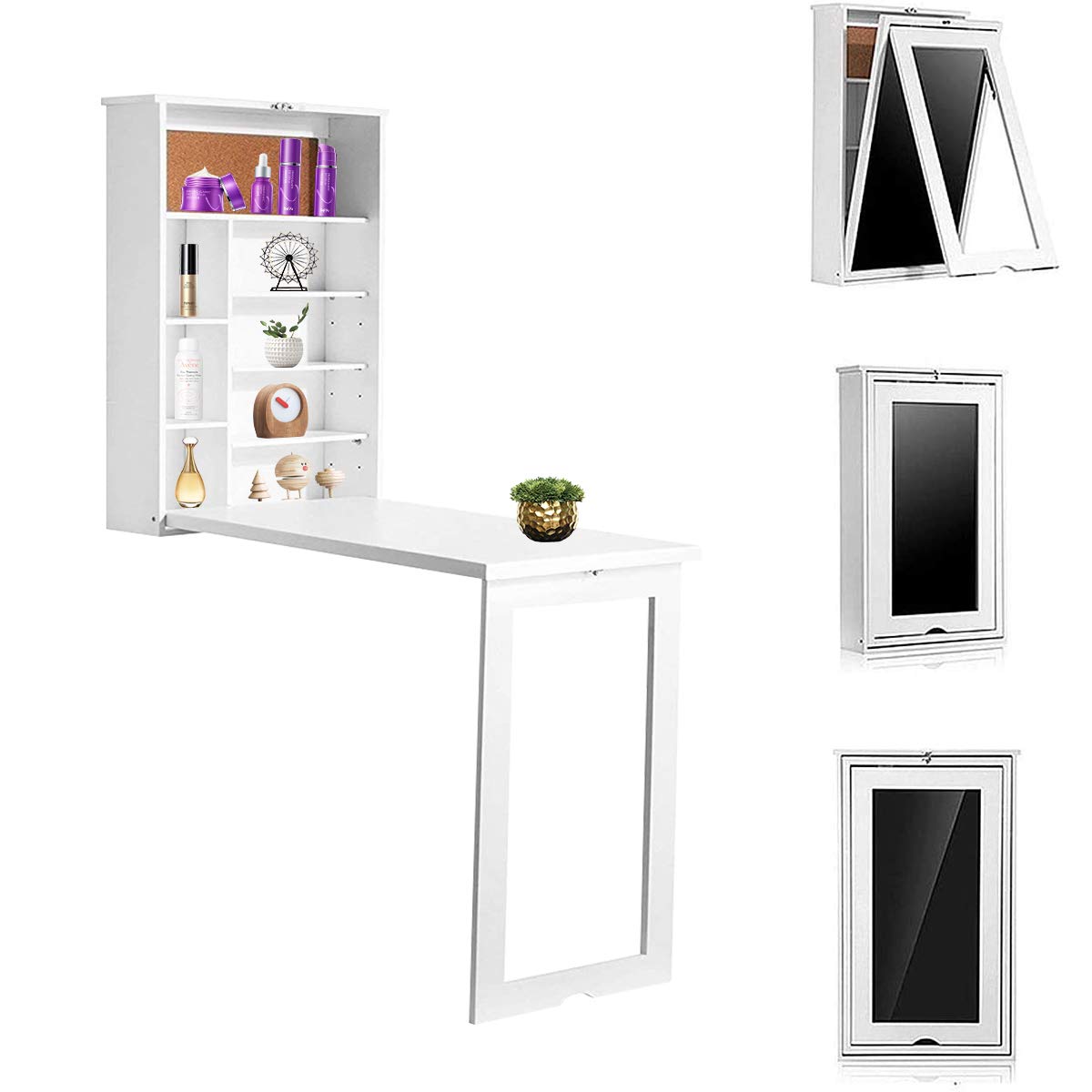 Timechee Wall Mounted Table, Fold Out Convertible Multi-Function Computer Desk, Wood Wall Hanging Writing Floating Desk with Large Storage Area for Home Office White