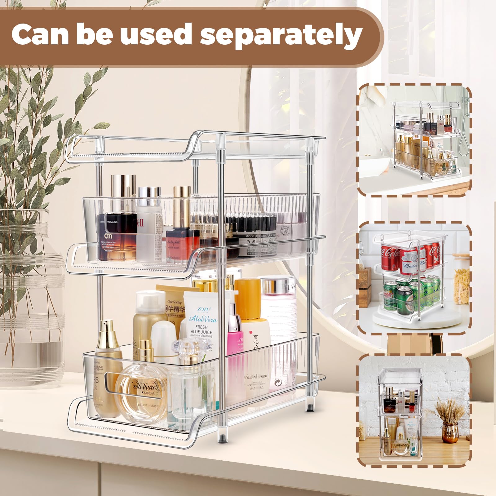 XINYA BAO 3 Tier Clear Bathroom Organizer, With Dividers, Multi-Purpose Pull-Out Pantry Organization and Storage, Under Sink Closet Organizers and Storage, Skincare Cosmetic Organizer Medicine Bins