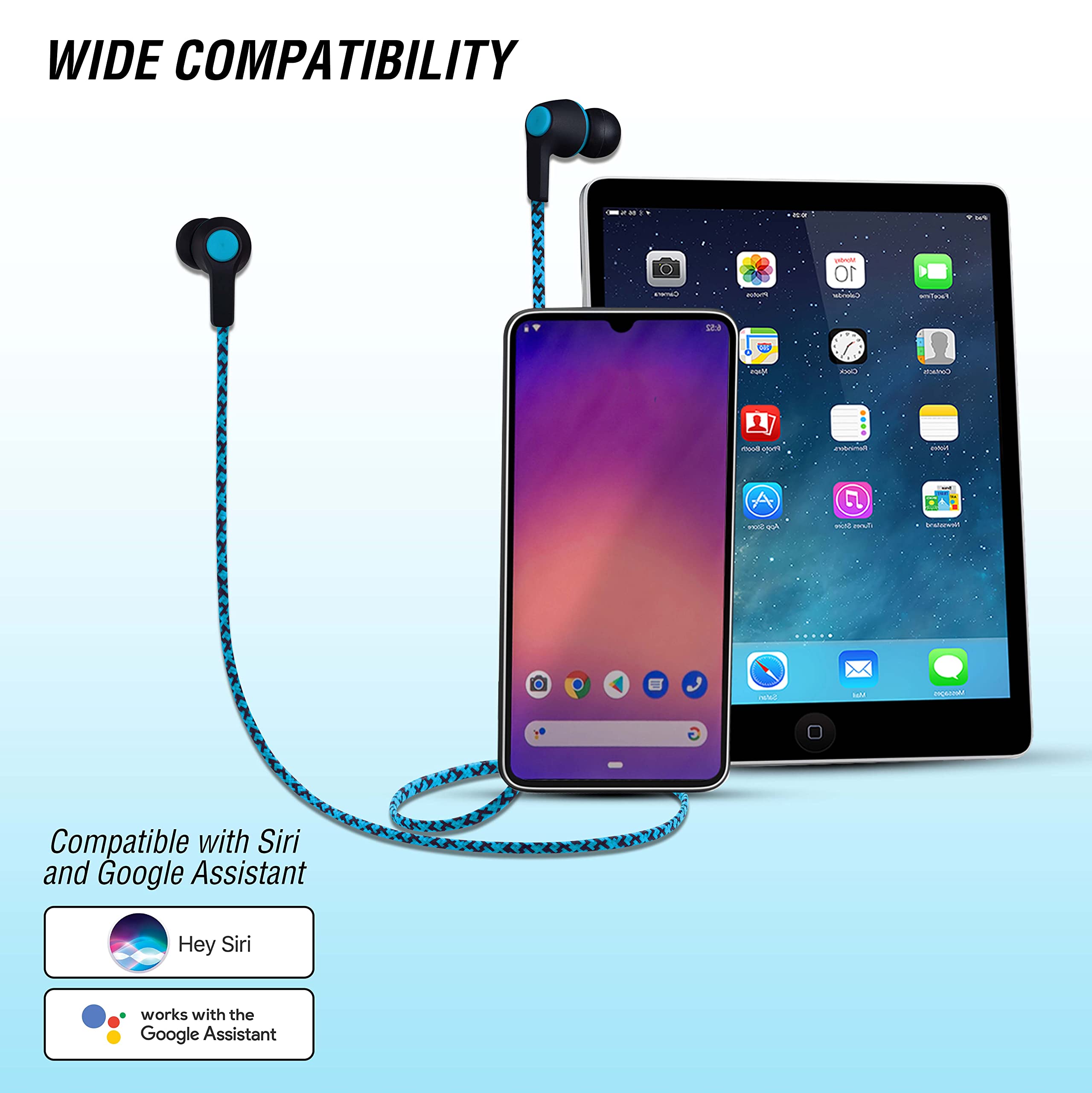 Volkano Wireless Earphones with Microphone, Portable Square Earphone Carrying Case, True Stereo Sound in-Ear Bluetooth Headphones, Audífonos Inalámbricos Volume Control [Blue/Black] Moda Series