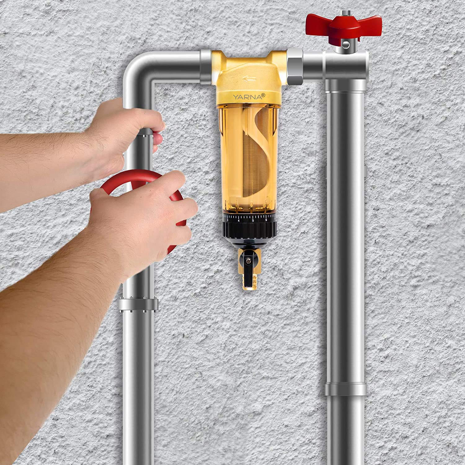 Sediment Water Filter - Whole House Reusable Filtration Water System - Spindown Prefilter 50 Micron (3/4" Male NPT + 1/2" Female NPT)