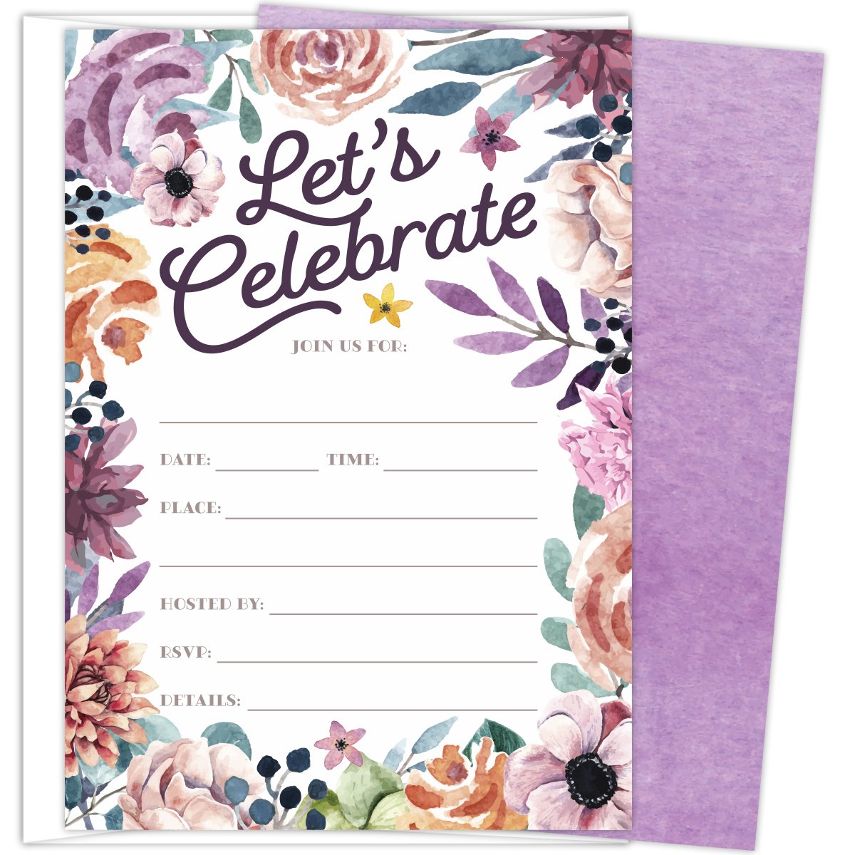 Purple Vintage Floral Set of 25 Fill-in Invitations and Envelopes for Bridal Showers, Baby Showers, Birthdays, Graduations, Dinner Parties, Soirees, Rehearsal Dinners and Bachelorette Parties.