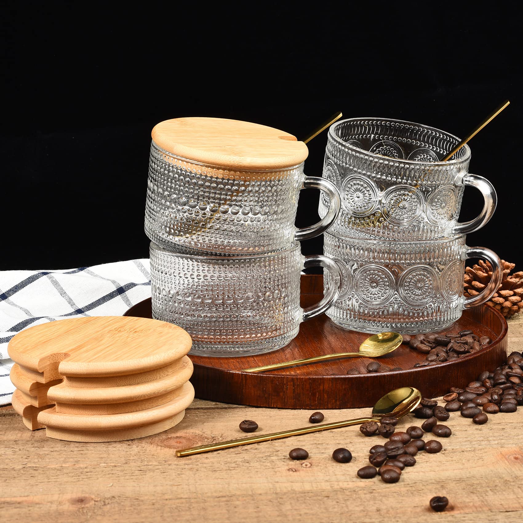 TIMIFTE Vintage Coffee Mugs Set of 4 Embossed Tea Cups, Overnight Oats Containers with Bamboo Lids and Spoons, 14oz Glass Coffee Cups for Cappuccino, Latte, Cereal, Yogurt, Beverage, Clear