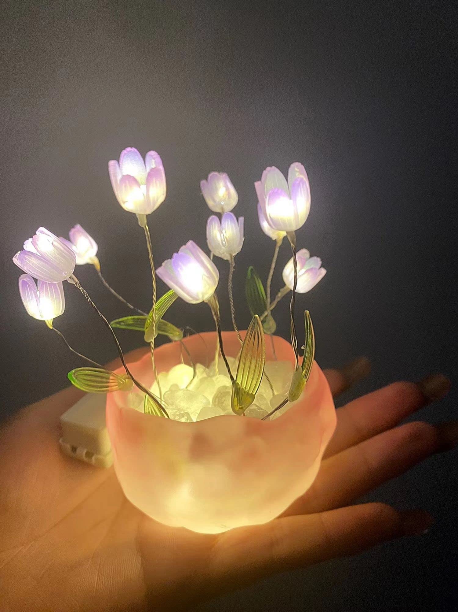 Yckeogln DIY Tulip Night Light, Mini Tulip Potted Night Light, Desktop Lighting Decor Night Light, Simulated Flower Bedroom Sleep Light, Kids Couple Friends Gift Floral Home Decor(10 Flowers, Purple)