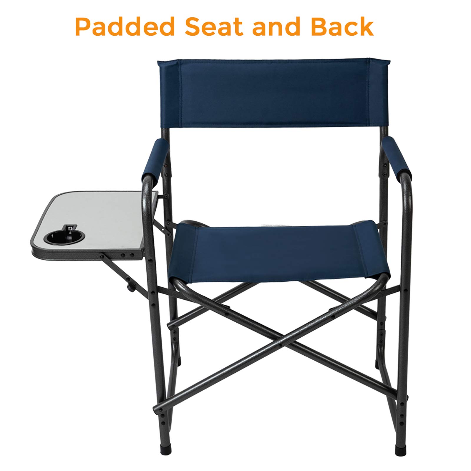Pacific Pass Directors Camp Chair w/ Built-In Side Table and Cup Holder, Collapsible - Alloy Steel, Navy
