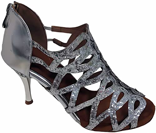 Womens Hollow Out Latin Dance Boots Peep Toe Mid Heel Glitter Shoes Tango Latin Ballroom Chacha Custom Heel Zipa Silver US 11.5