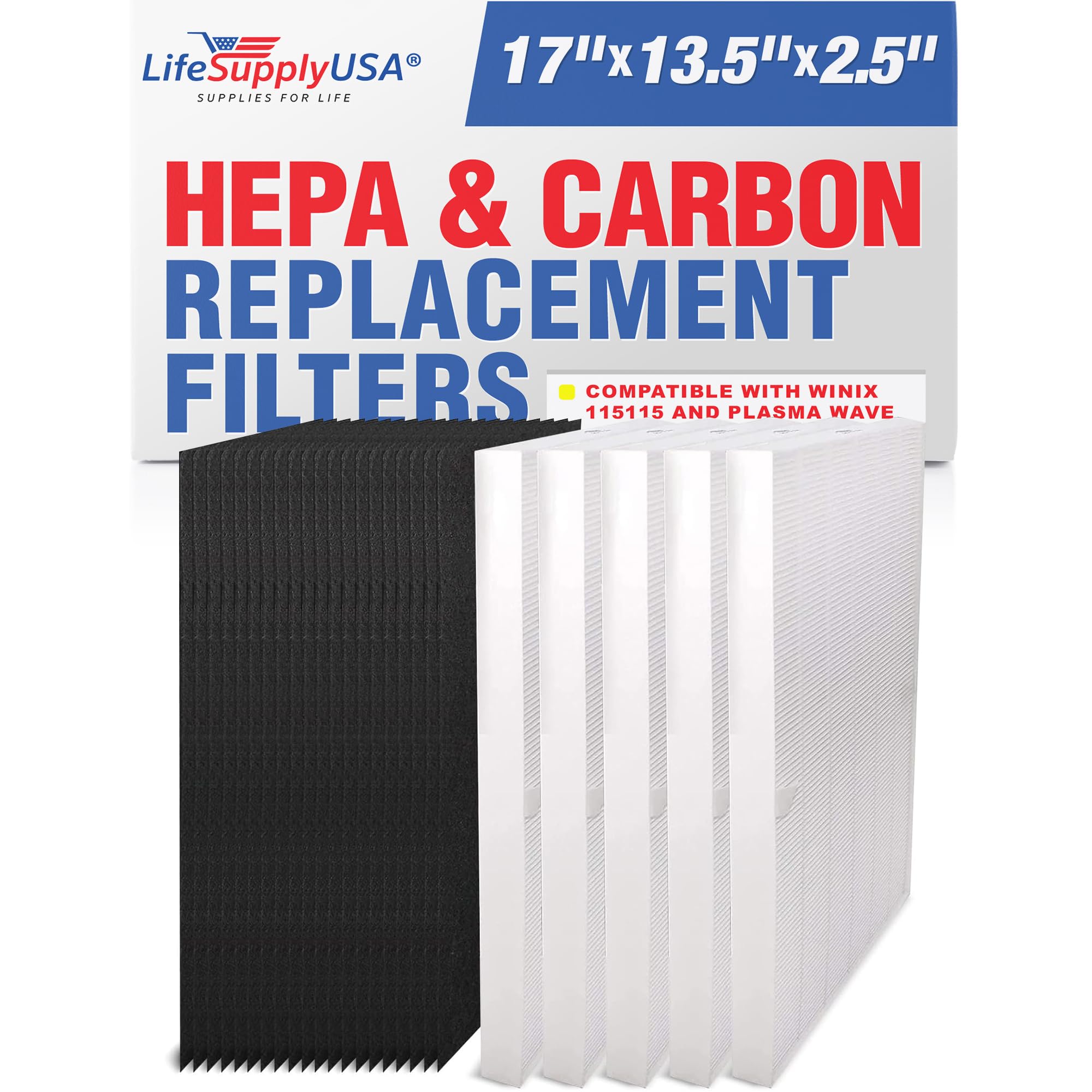 True HEPA Air Cleaner Filter Replacement + 4 Carbon Filters Compatible with Winix PlasmaWave 115115, Size 21 by LifeSupplyUSA (5-Pack)