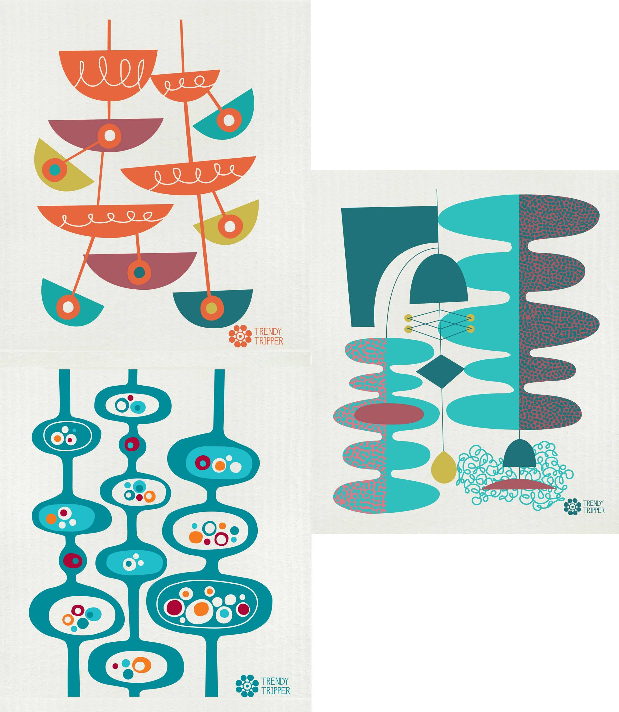 Trendy Tripper Reusable Swedish Dishcloths/Sponge Cloths, Set of 3 Mid-Century Modern Designs (Pods, Slicers + Pendants) by Jenn Ski - Assorted Colors (Petrol/Turquoise/Orange)