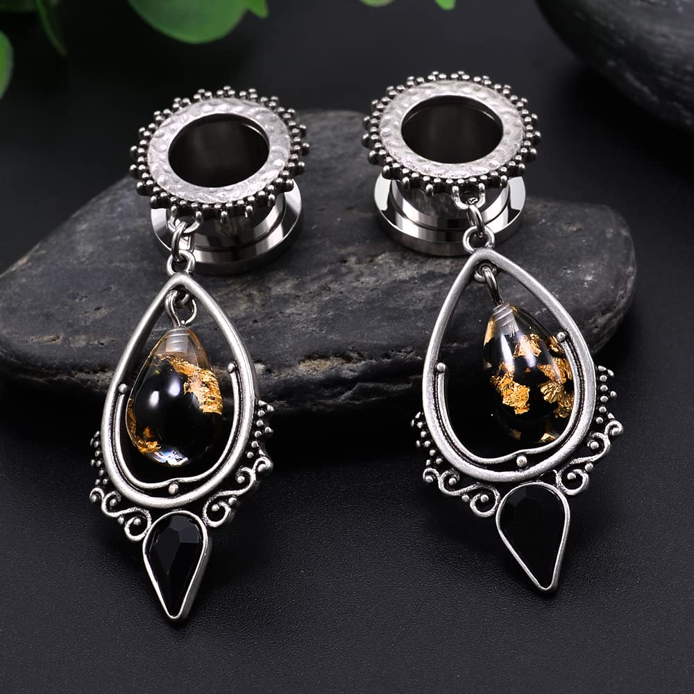 TBOSEN Stainless Steel Teardrop Black Obsidian Stone Large Dangle Bridal Plug Ear Gauges Stretching Tapers Screw Fit Tunnels (Gauge:00g(10mm))