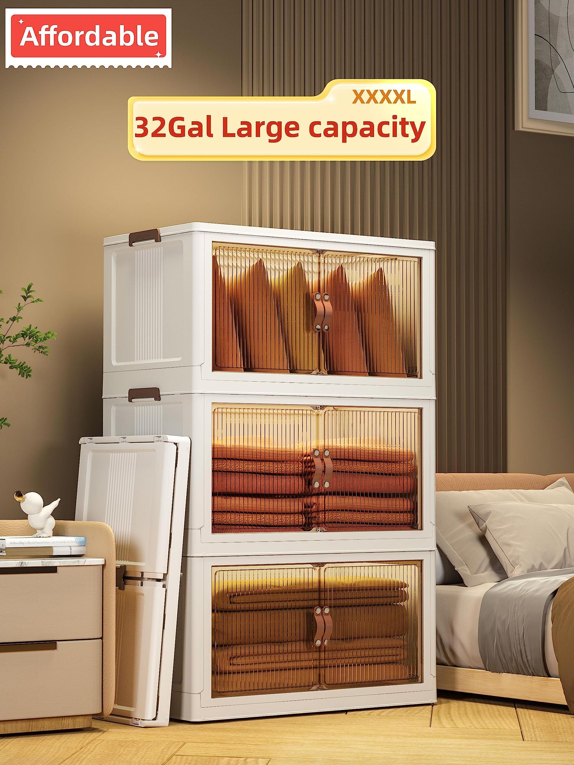YENFZIX 32Gal Lidded Home Storage Bins - Collapsible, 32Gal Clear Cream Wardrobe Closet Organizer, Stackable Toy Storage, Foldable Plastic Storage Container with Door. - 32 Gallon (5Pack 32Gal)