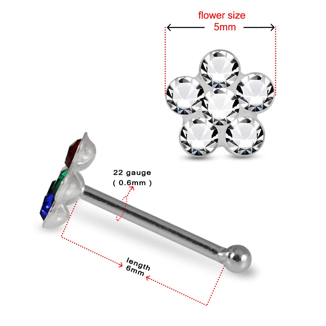 Pack of 20 Pieces Mix Color 22G Sterling Silver Flower Ball End Nose Pin Stud