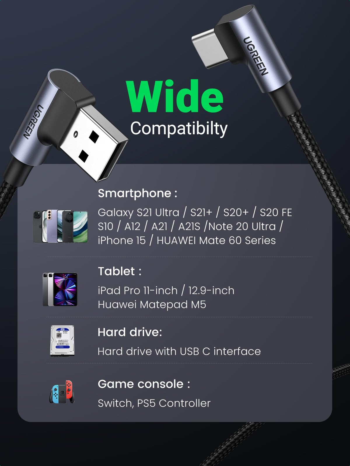 UGREEN USB to USB C Cable 2-Pack 90 Degree USB C Fast Charging Cord Compatible with iPhone 15/15 Plus/15 Pro/15 Pro Max/Samsung Galaxy S10/S10+/Pixel 7/6a/LG G8/G7/Pixel/Switch, etc. 6.6FT