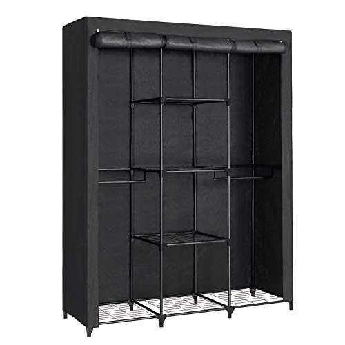SONGMICS Wardrobe Closet, Non-Woven Fabric Clothes Closet, Mesh Shelves, Clothes Storage Organizer with Door, Black URYM34BK