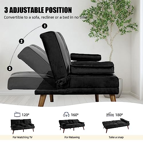 Shintenchi 60" Small Loveseat, 3 in 1 Cute Convertible Sofa Bed, Modern Futon Recliner Sleeper w/2 Cup Holder, Upholstered Folding Couch for Small Space, Black