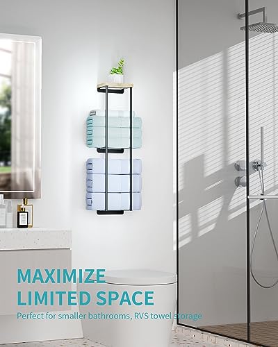 Towel Racks for Bathroom, 2 Tier Wall Towel Holder with Wood Shelf, Metal Wall Towel Rack Mounted Towel Storage for Small Bathroom (Black