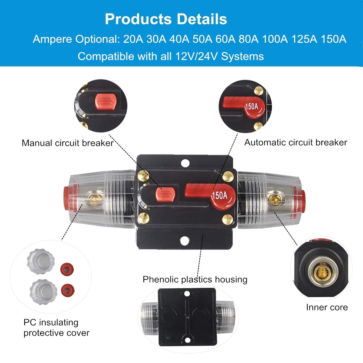 WOHHOM 100A/150A Audio Circuit Breaker Auto Car Stereo Inline Fuse Holders Inverter, Manual Reset 12V-24V DC for Automotive Marine Boat Audio System Protection (150A)