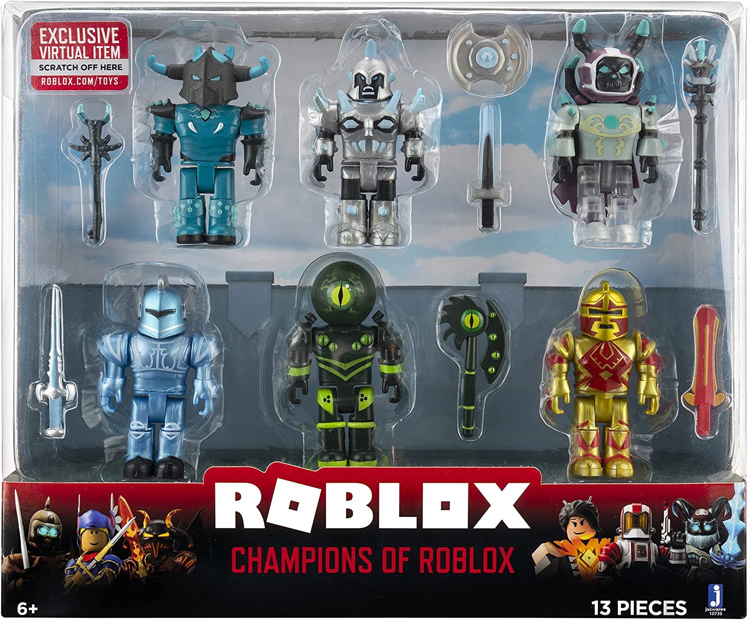 Roblox Action Figure Toy Set 6-pack - Champions of Roblox w/Exclusive Virtual Item - includes Korblox Deathspeaker, Mage, General, The Overseer, Redcliff Elite Commander, Alar Knight - Gift for Kids