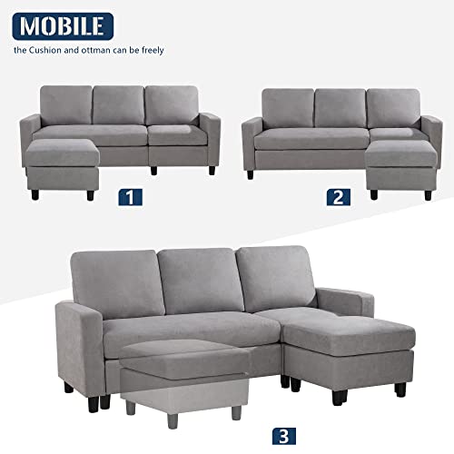 Shintenchi Upgraded Convertible Sectional Sofa Couch, 3 Seat L Shaped Sofa with High Armrest Linen Fabric Small Couch Mid Century for Living Room, Apartment and Office