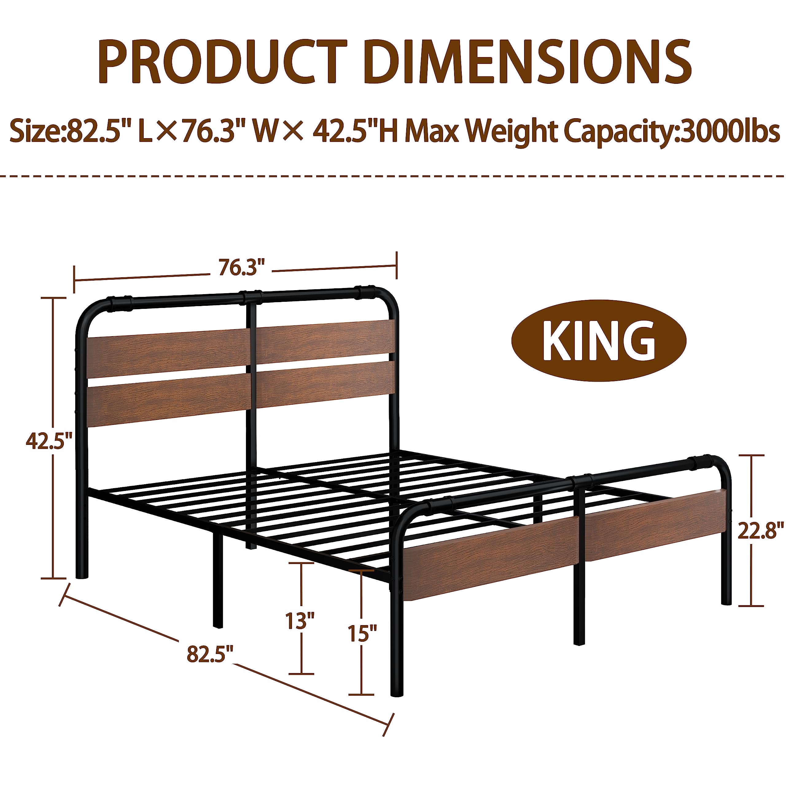 Sementa King-Bed-Frame with Wood-Headboard - Heavy Duty Platform Bed with Solid Slats Support, No Box Spring Needed,Easy Assembly,Vintage Brown