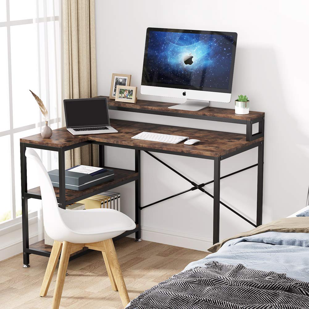 Tribesigns L Shaped Desk with Storage Shelves, Rustic Corner Desk Study Writing Workstation with Monitor Stand Riser for Home Office Small Space (Rustic Brown)