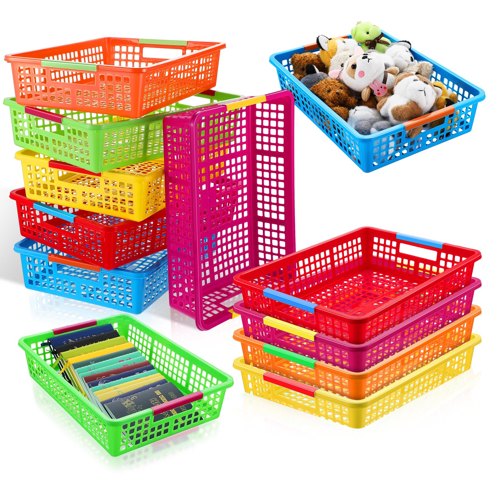 Uiifan 12 Pcs A4 Size Plastic Paper Storage Trays Desktop Paper Organizer Basket with Handles Large Colorful Mesh Storage Basket File Letter Organizer Tray for Classroom School Supplies