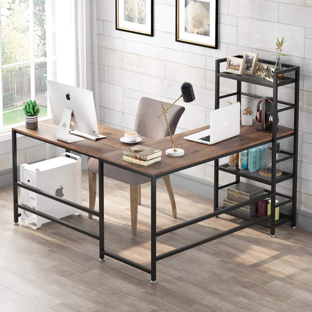 Tribesigns 59 Inch L Shaped Computer Desk, Corner Desk with 4-Tier Storage Shelves, Rustic L-Shaped Desk with Bookshelves for Home Office, Writing Study Workstation PC Gaming Table L Desk (Walnut)