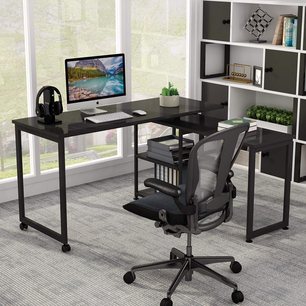 Tribesigns Reversible L-Shaped Desk with Storage Shelves, 360° Free Rotating Corner Computer Desk 55 inch Large Modern Office Desk Study Writing Table Workstation for Home Office (Black)
