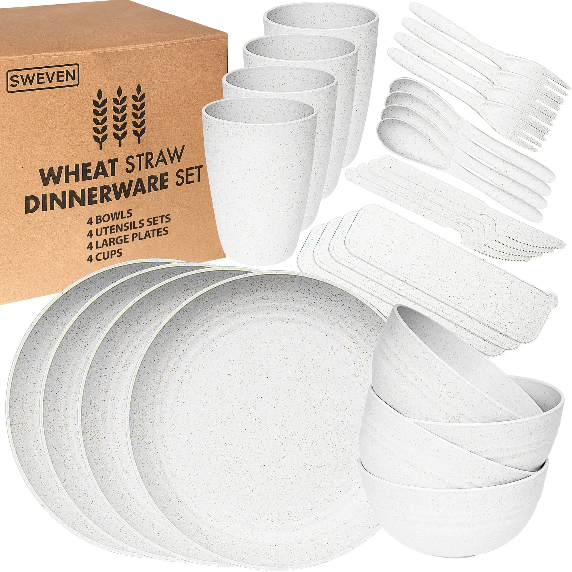 Wheat Straw Dinnerware Sets | Unbreakable Dinnerware Sets | Dishwasher Microwave Safe Dinnerware | Eco Friendly Non Breakable Dinnerware Sets | RV Outdoor Camping (Green, Service for 4 (28 pcs))