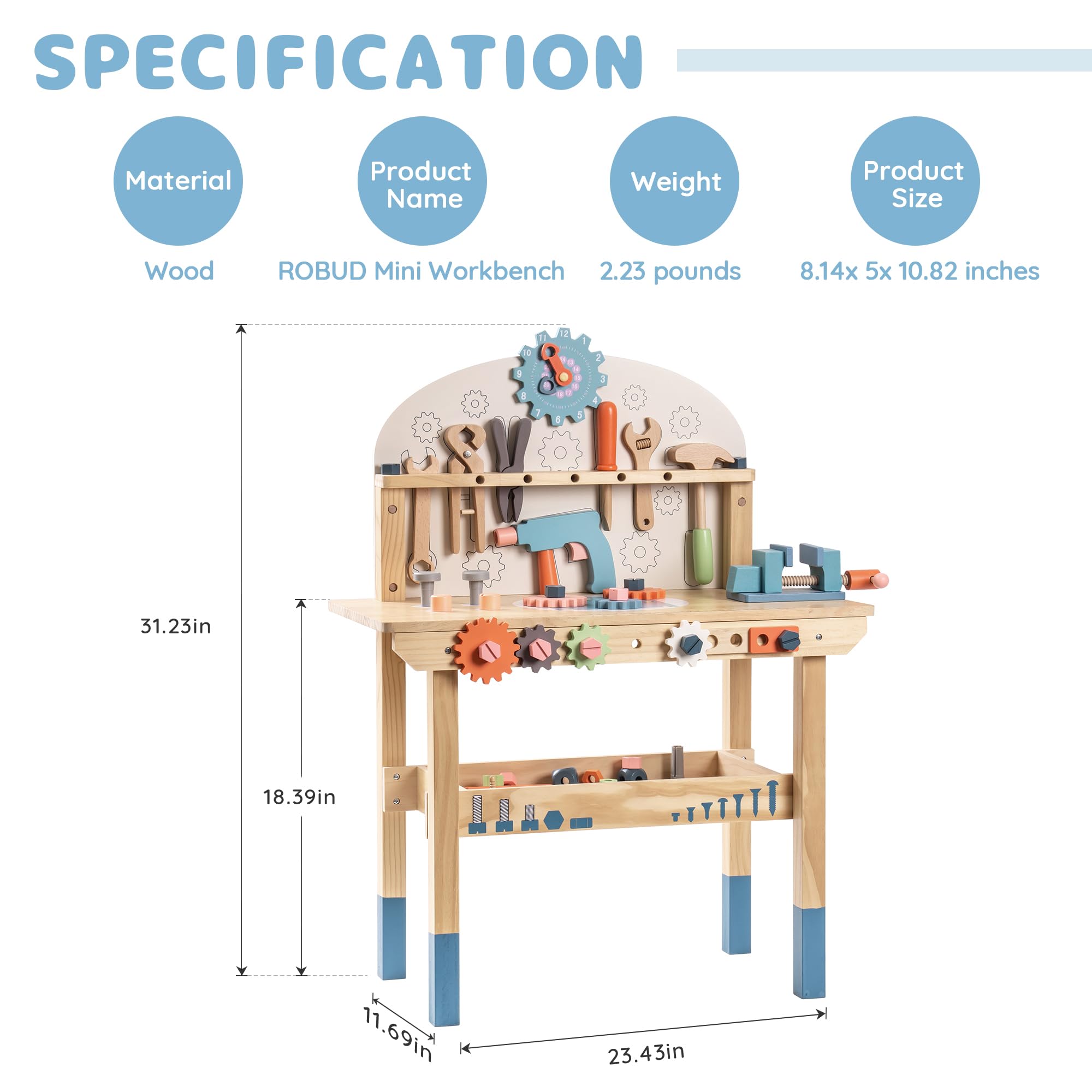ROBOTIME Kids Tool Bench Set- Large Wooden Work Bench Construction Toys, Workshop w/Kid Toys Tool Set (41 Pieces) for Toddlers Boys Girls Age 3 4 5 6 7