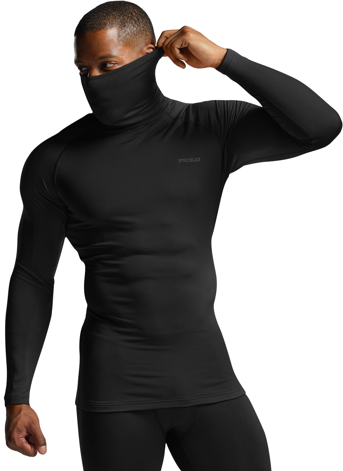 TSLA Men's Thermal Long Sleeve Compression Shirts, Mock/Turtleneck Winter Sports Running Base Layer Top, Heatlock Face Cover Black, Medium