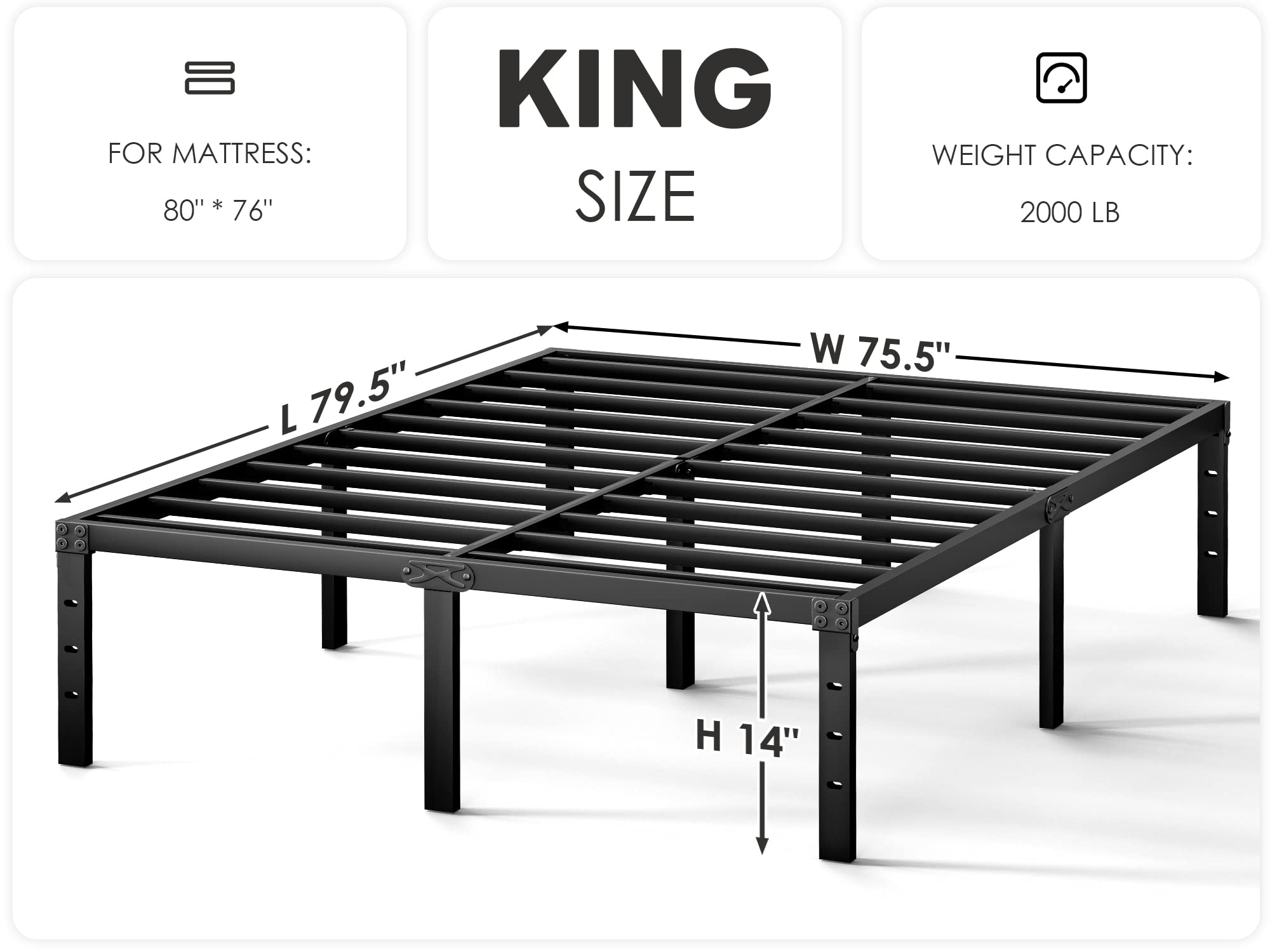 QEROMY 14 Inch King Bed Frame No Box Spring Needed, Metal Platform Bed Frame King Size, Quick & Easy Assembly, Heavy Duty Bed Frame Noise-Free, Black