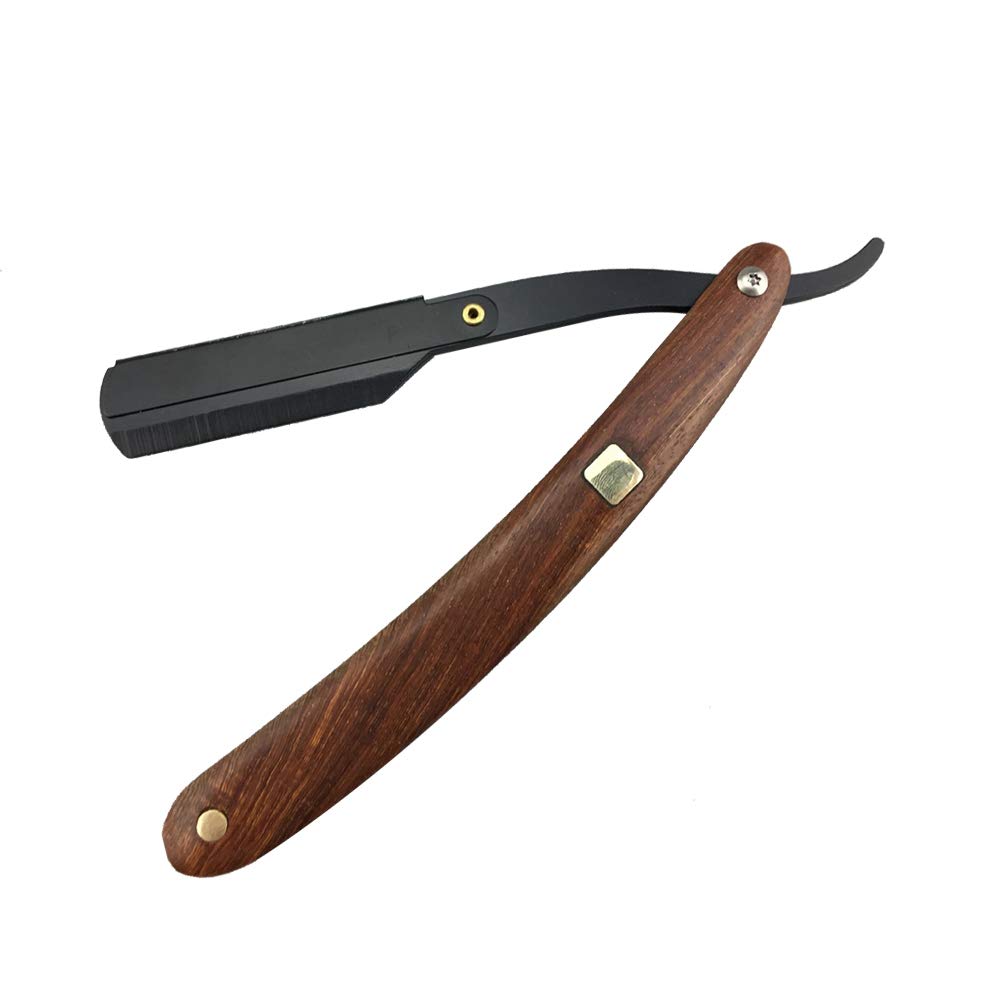 Uonlytech Wooden Handle Chic Straight Barber Edge Steel Razors Shaving Knife Folding Men Vintage Straight Edge Metal Hair Shaper Barber Razor without Blade