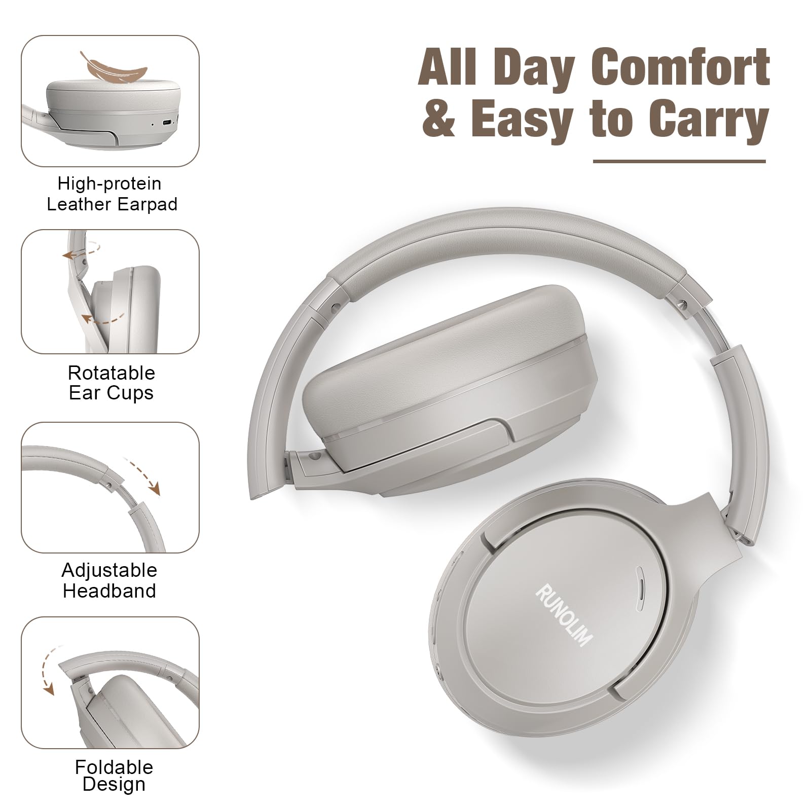 RUNOLIM Hybrid Active Noise Cancelling Headphones, 70H Playtime, Built-in Microphone, Bluetooth Wireless Over Ear Foldable Headphones with HiFi Audio, Home Travel Office