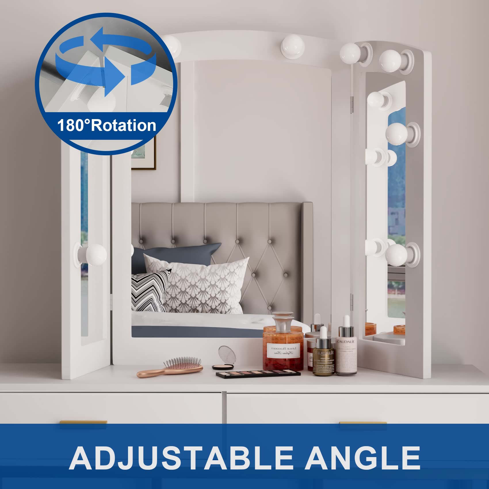 Semiocthome White Vanity Mirror with Lights and Table Set with 2 Drawers, 10 LED Lights Makeup Vanity Desk with Stool, Make Up Vanity Mirror lit with Gold Frame Dressing Table and Chair Upgrade-White