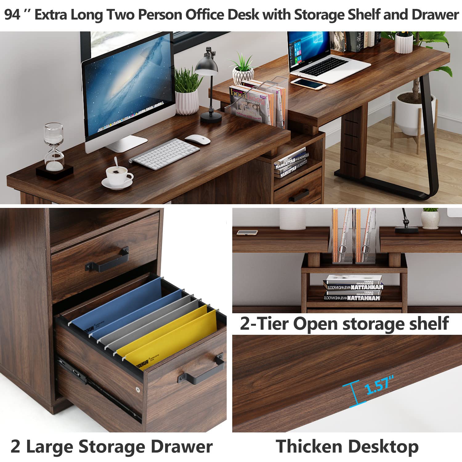 Tribesigns 94.5 inch Two Person Computer Desk, Double Computer Desk with Storage Shelves, Extra Long Workstation Large Office Desk with Two Drawers, Study Desk Writing Table for Home Office