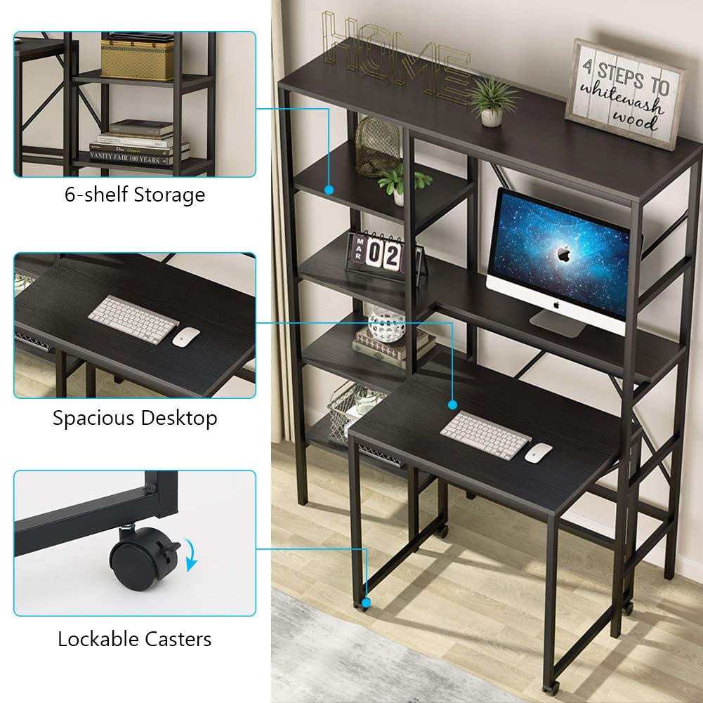 Tribesigns Computer Desk with 5 Storage Shelves and Monitor Stand, Industrial Large Mobile Home Office Desk Study Table Writing Desk Workstation with Hutch and Bookshelf (Black)