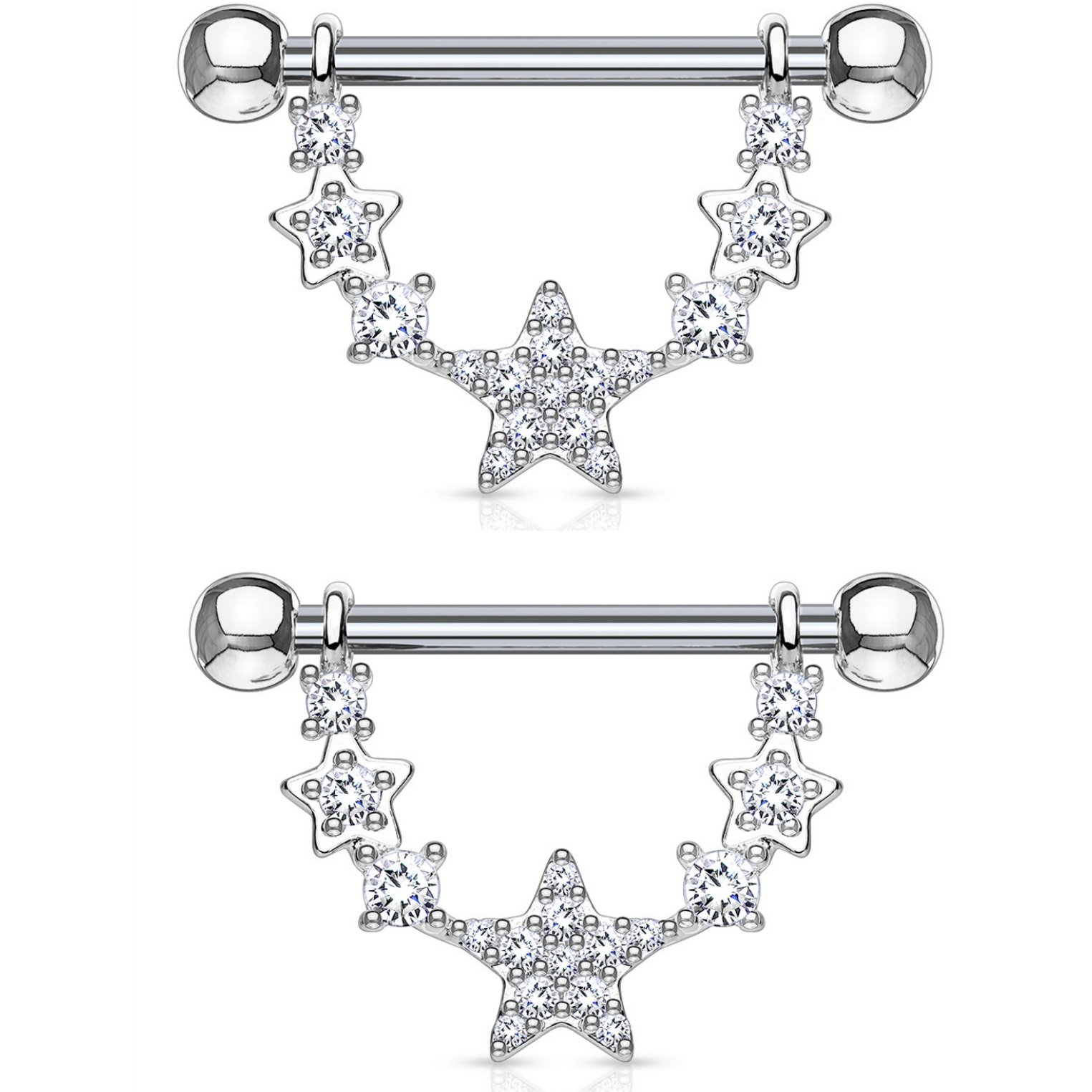 Pair of Clear CZ Linked Stars Nipple Piercing Rings 14G Steel Barbells (Steel)