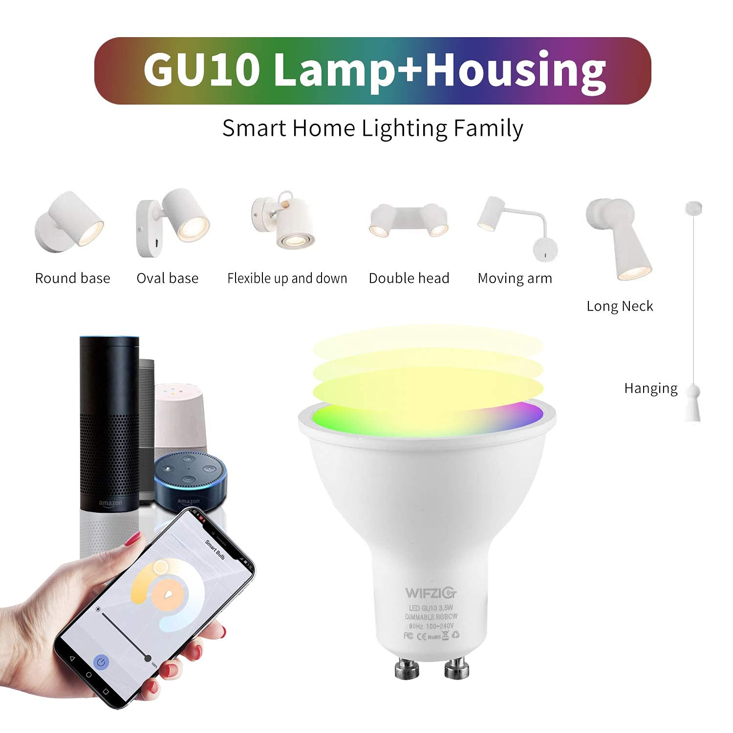 WIFZIG GU10 Smart LED Light Bulbs, RGB+CW Color Change,Compatible with Alexa&Google Assistant, 2700-6500K,Multicolor Track Light Bulb, Dimmable with App 50W Halogen Equiv,No Hub,2.4G WiFi Only(6Pack)