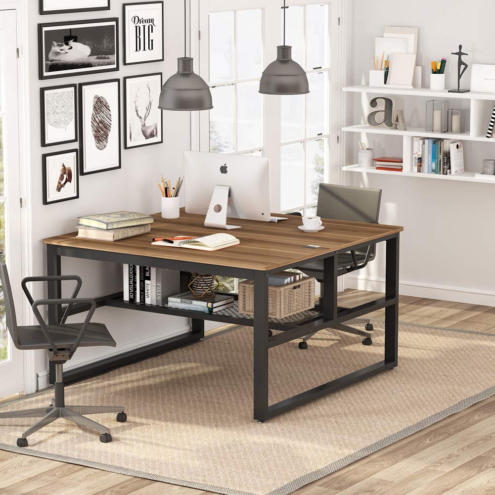 Tribesigns Two Person Desk, 47 x 47 inch Extra Large Computer Desk with Open Storage Shelves, Double Workstation Office Desk Writing Study Desk for Home Office (Dk Walnut)
