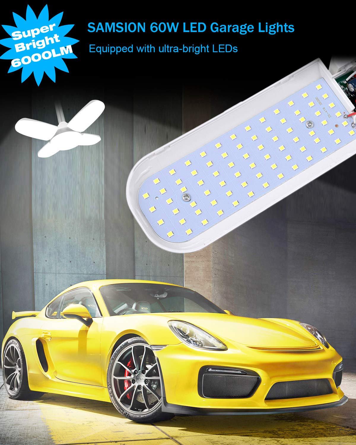 Samsion LED Garage Lights 2 Pack 60W Deformable Garage Light Ceiling LED 6000lm Daylight White 6500K E26 E27 Tribright LED Workshop Light with 4 Adjustable Panels for Basement Barn Storage Warehouse