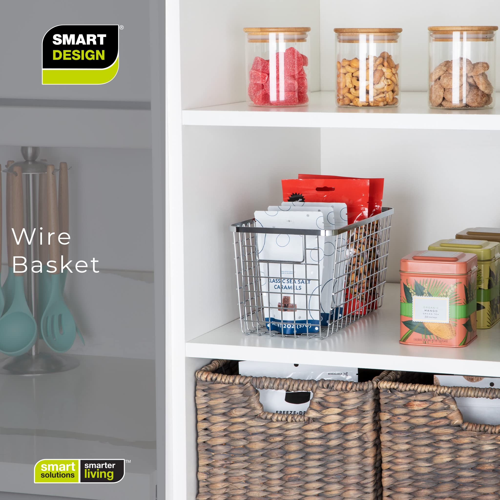 Smart Design Nestable Basket Organizer with Handles - Storage Bins for Kitchen, Pantry, Laundry, Bathroom, and Garage - Steel - 6 x 12 x 6 - Chrome - Set of 4
