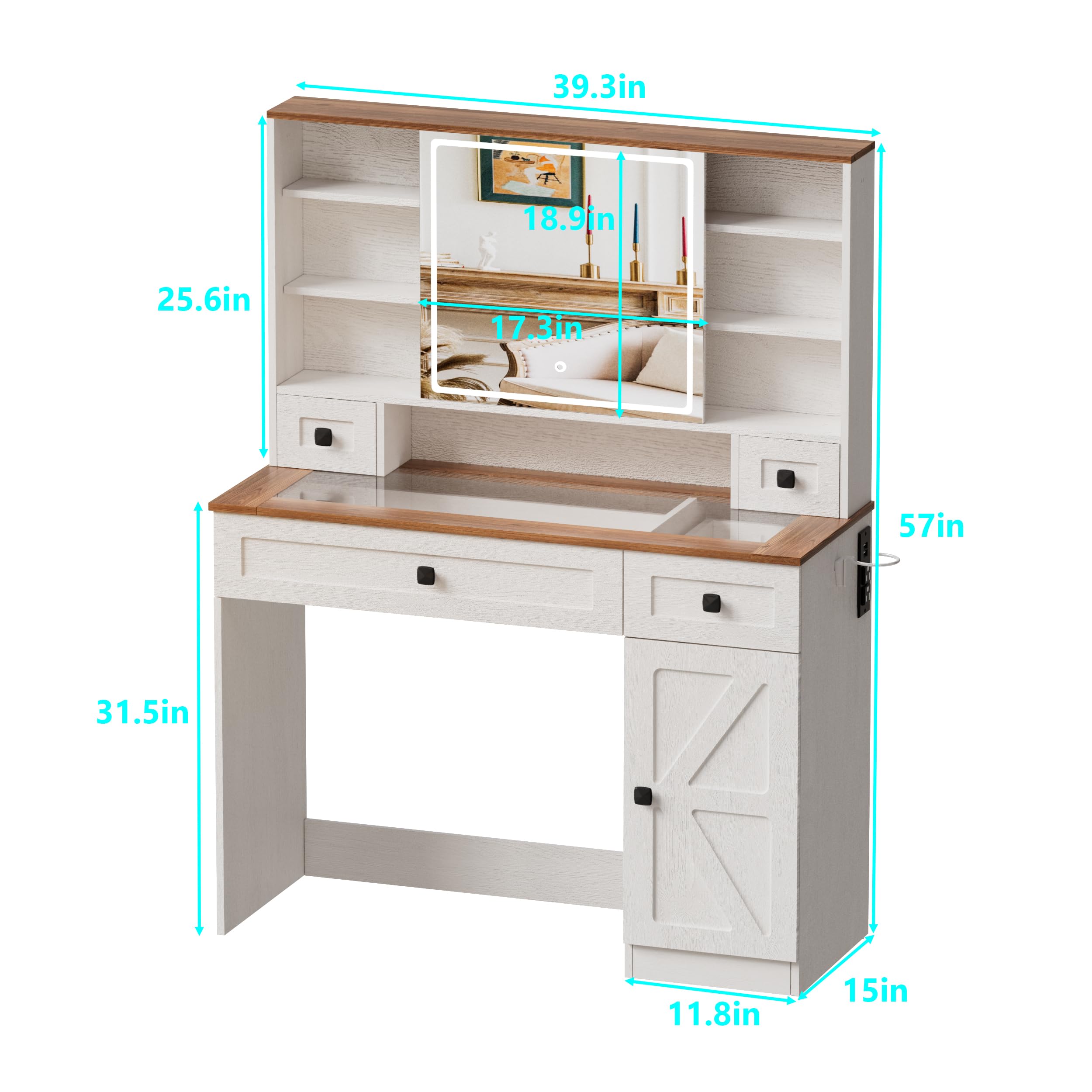 PAKASEPT Vanity Set with Lighted Mirror, Makeup Vanity Dressing Table with 3-Color Lights, Drawers, Storage Shelves and Cushioned Stool, Small Vanity Desk for Bedroom