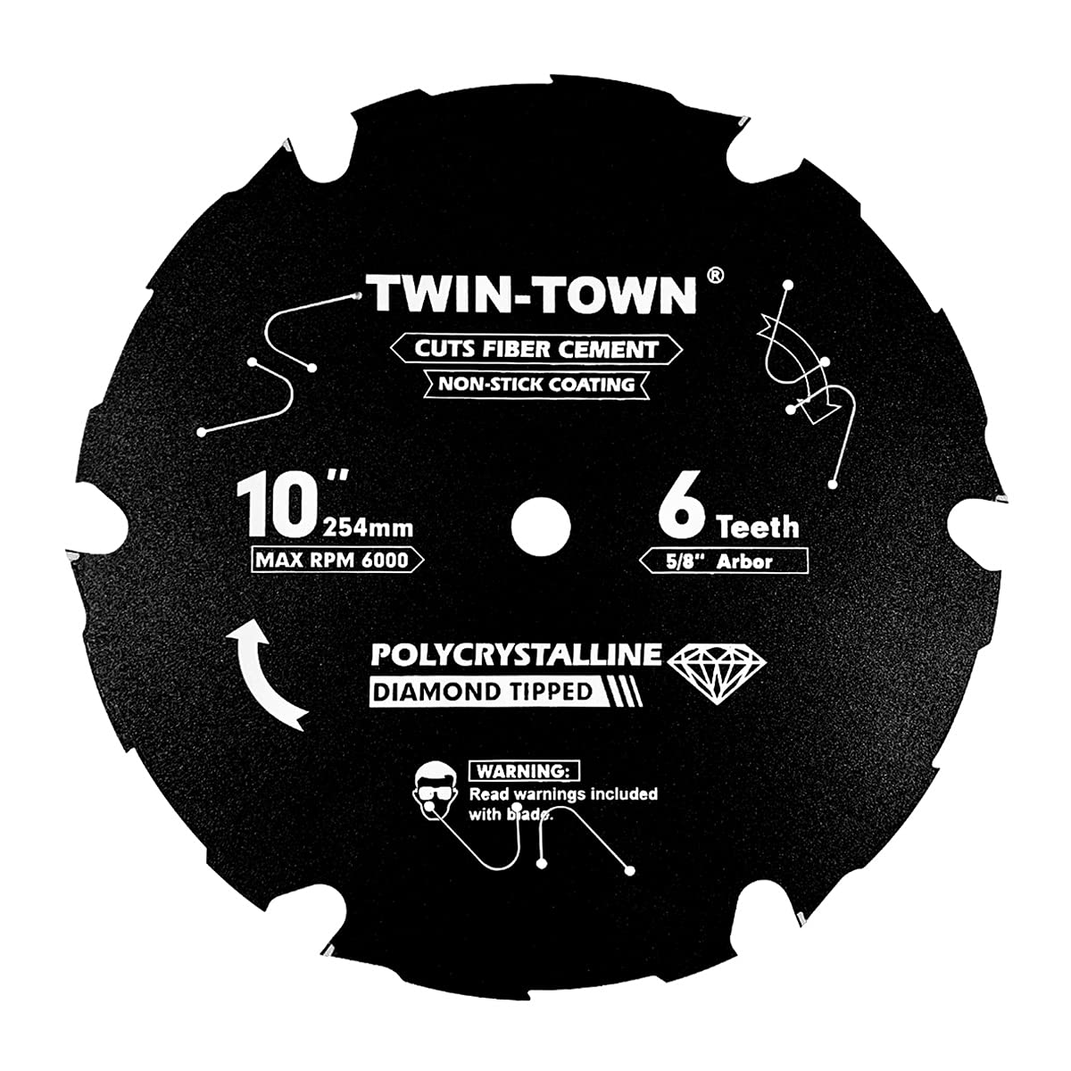 TWIN-TOWN PCDT1006 10 Inch 6 Tooth Polycrystalline Diamond Tipped (PCD) Hardie Fiber Cement Saw Blade with 5/8 Inch Arbor