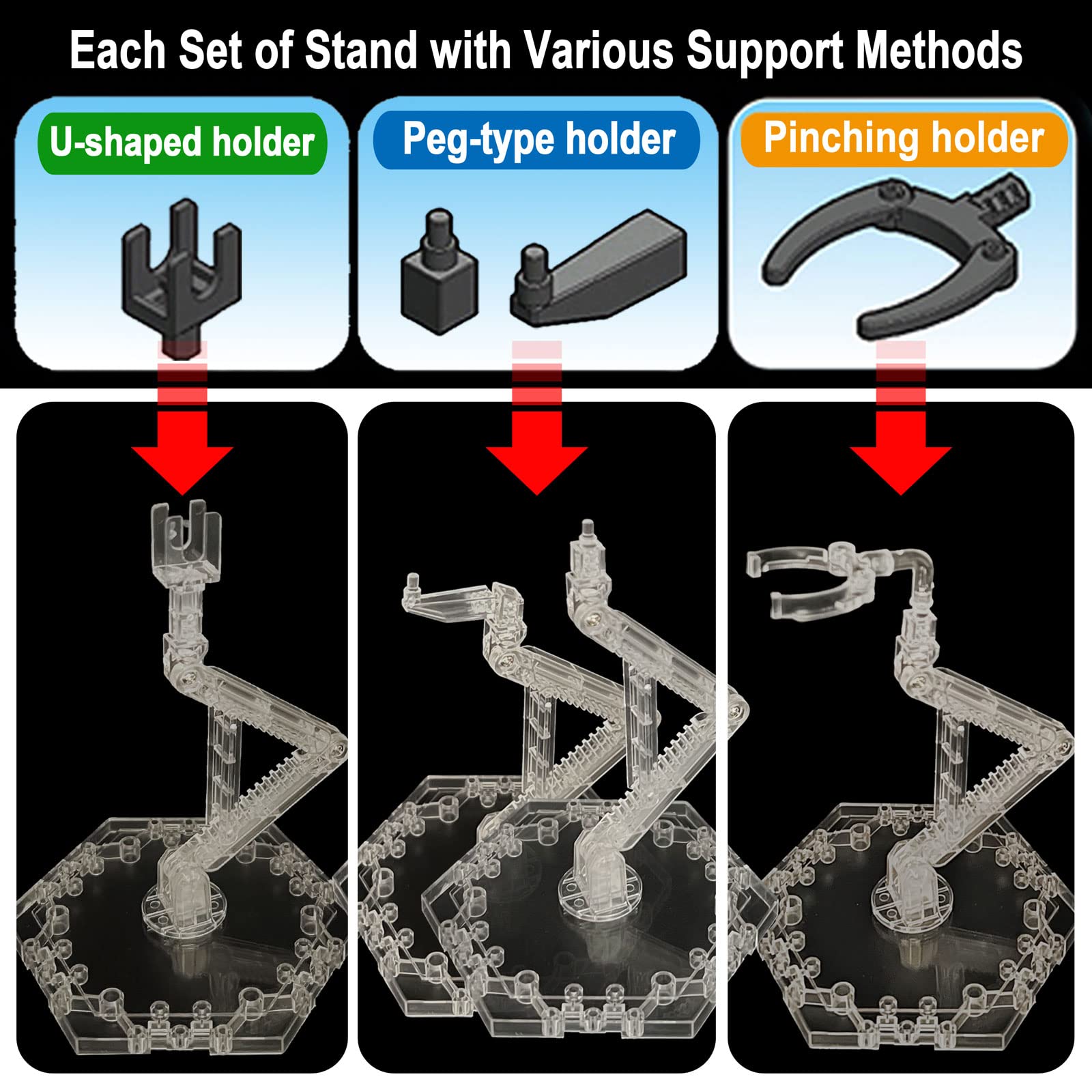 TWKUPWO Hobby Model Action Base Display Stand, Gundam Model Stand Action Figure Stand Compatible with MG RG HG Universal Models Stand (Transparent 3 Sets)
