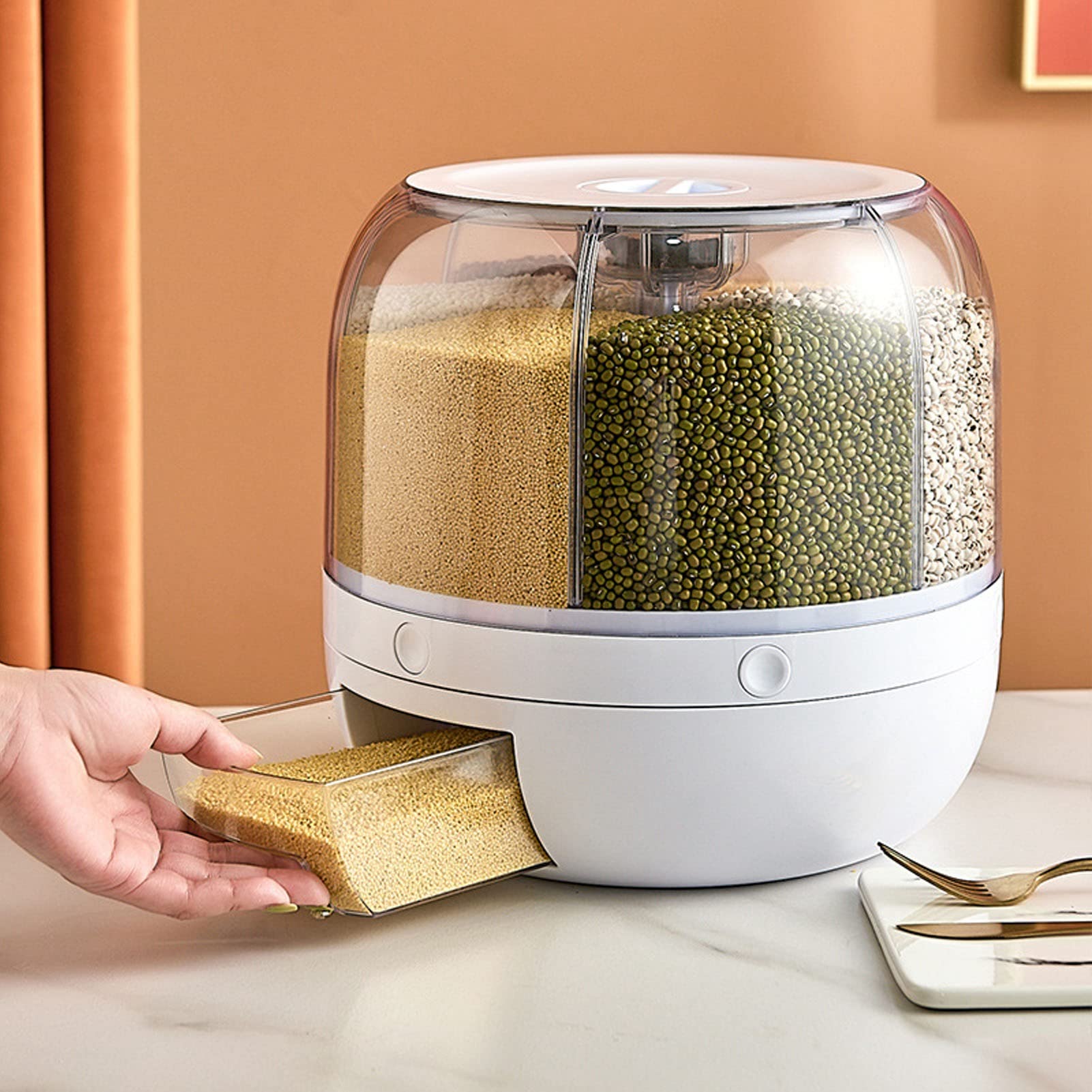Zerodis Grain Dispenser, 360° Rotating Rice Storage Container with Lid Household Dry Food Bucket for Kitchen Soybean Corn Beans
